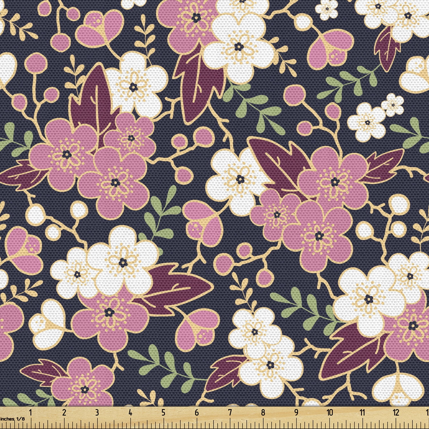 Ambesonne Japanese Fabric by the Yard Upholstery, Night Garden Sakura ...
