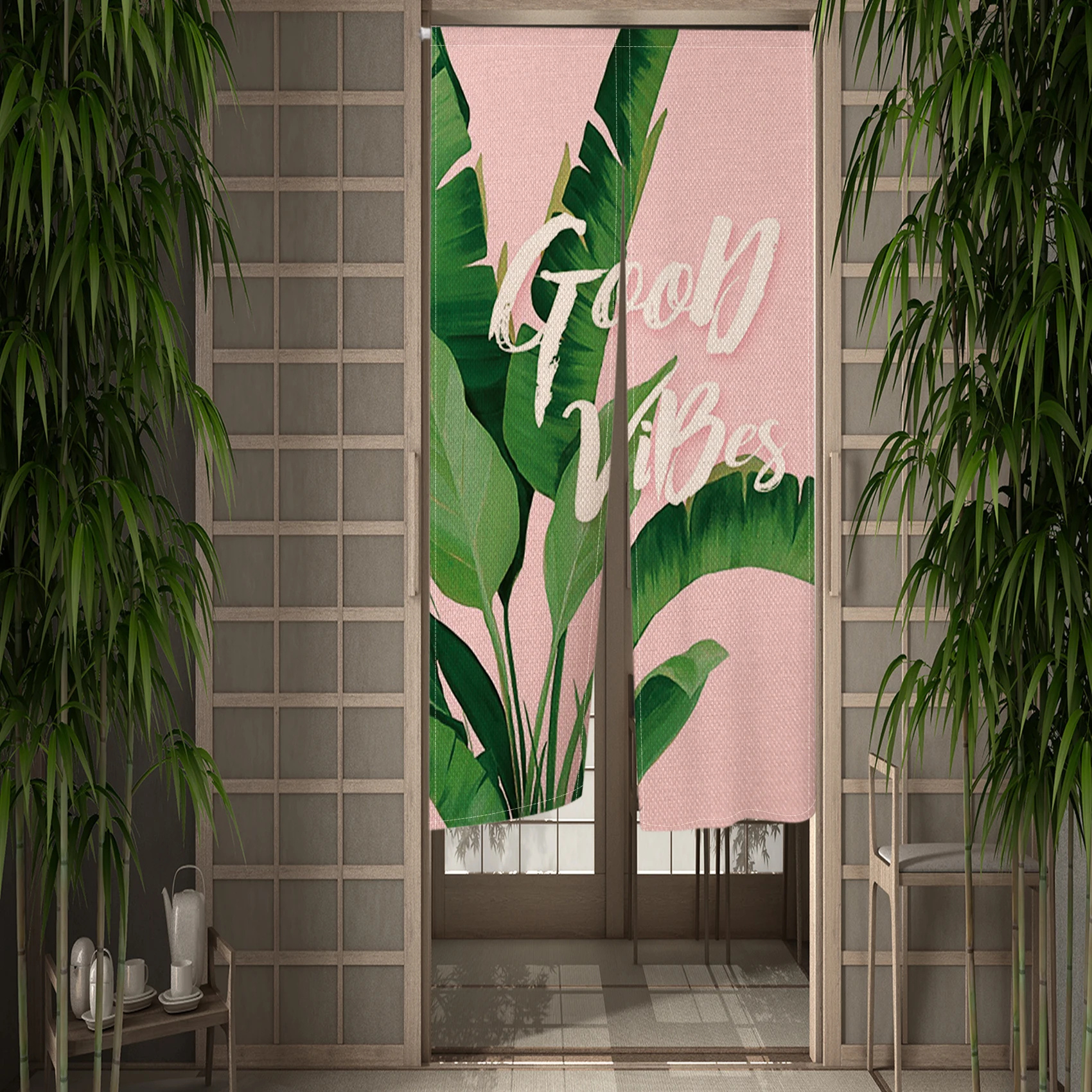 Japanese Split Door Curtain Tropical Plant Green Leaves Noren Simple ...
