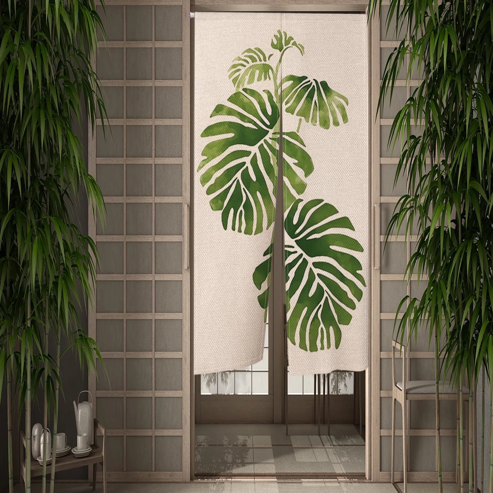 Japanese Split Door Curtain Tropical Plant Green Leaves Noren Simple ...
