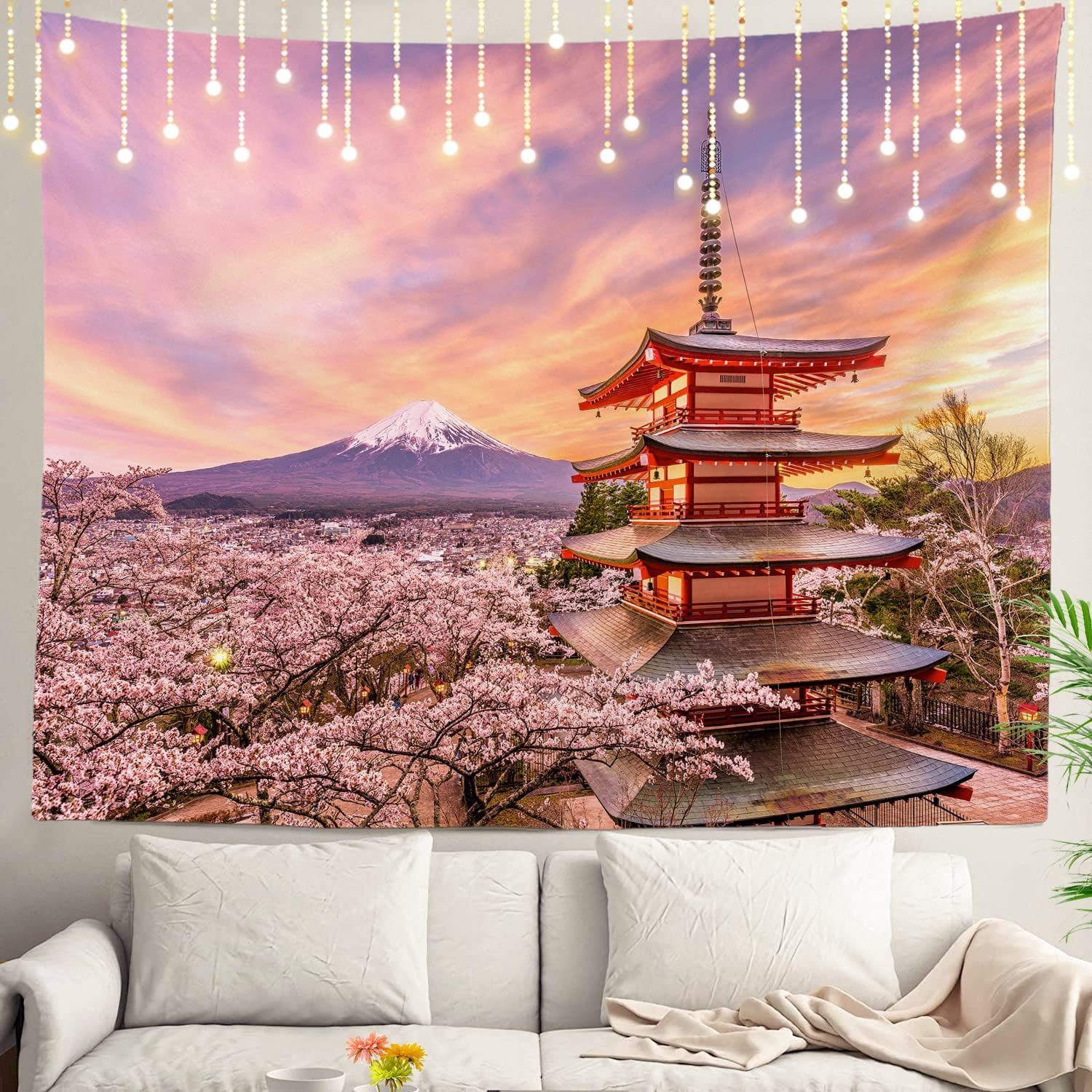 Japanese Spring Scene Wall Tapestry, Chureito Pagoda and Mt Fuji Wall ...