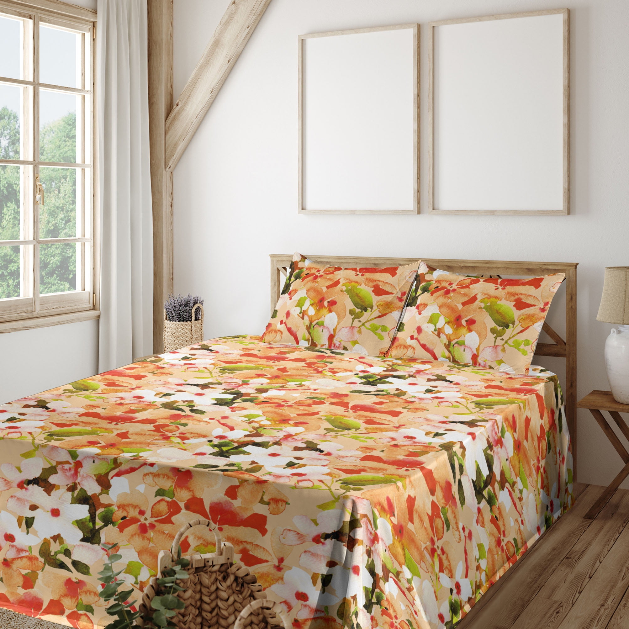 Japanese Spring Sheet Set, Asian Watercolor Sakuras with Leaves ...