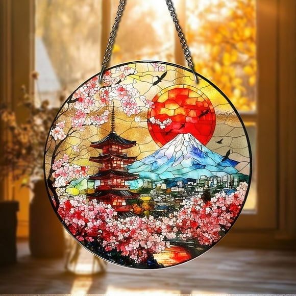 Japanese Stained Glass Suncatcher with Mount Fuji, Cherry Blossoms and ...