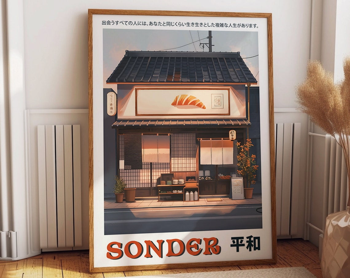 Japanese Storefront Wall Art - Sunset At Sonder Sushi Store Poster ...
