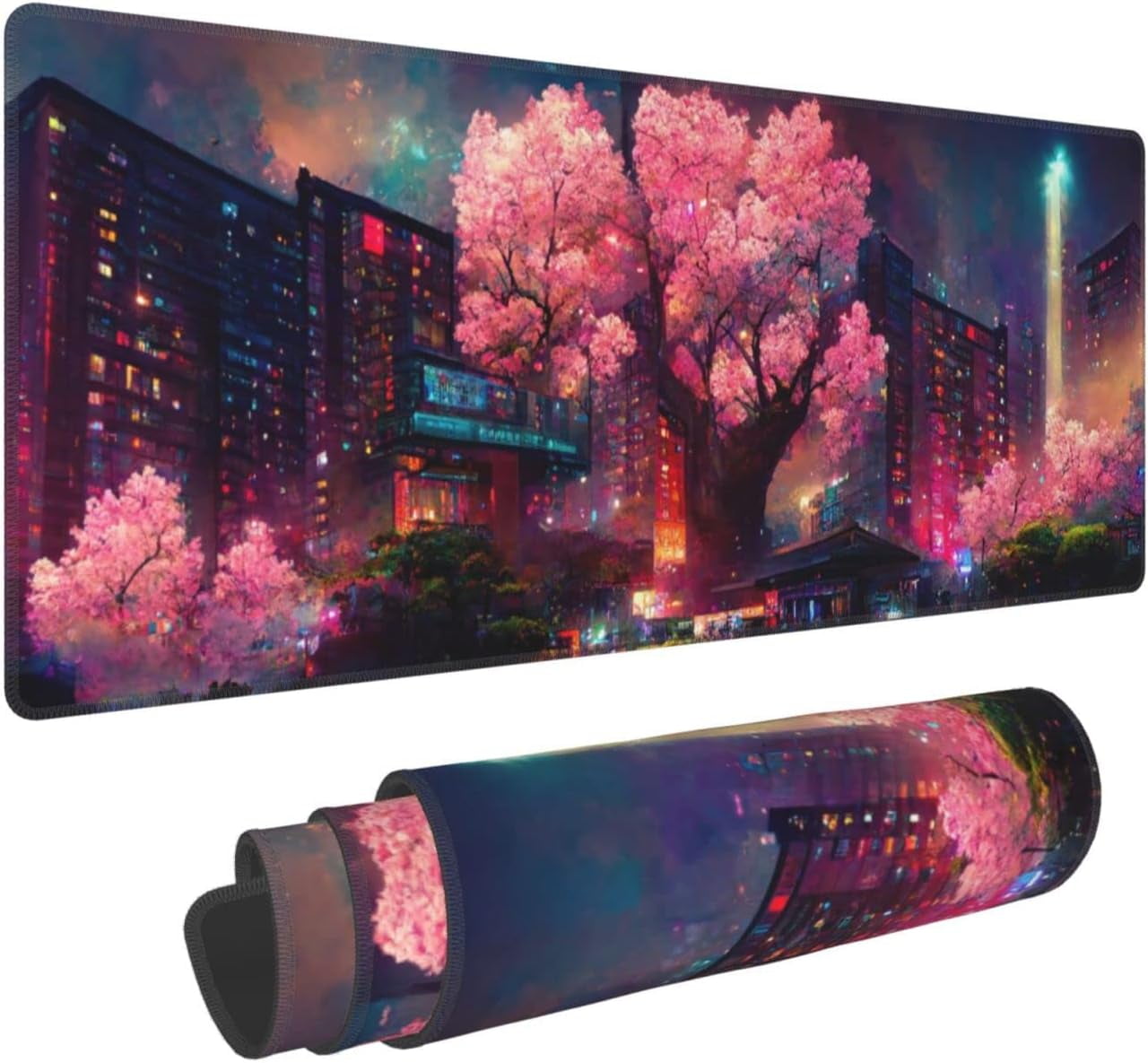 Japanese Street Cherry Blossom Neon City Mouse Pad 31.5x11.8 in Big ...