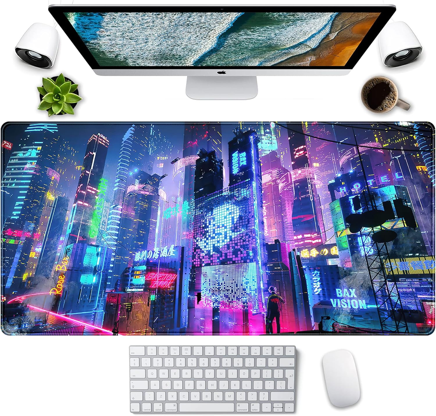 Japanese Street Desk Mat Futuristic Neon City Print Mouse Pad ...