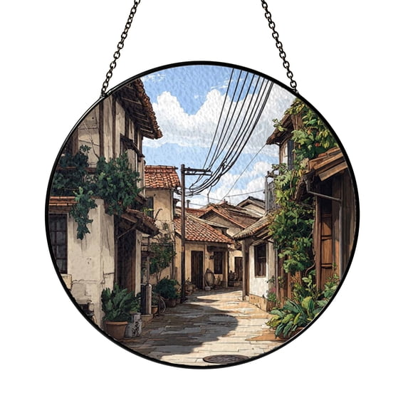 Japanese Street Stained Glass Suncatcher Round Window Hanging with ...