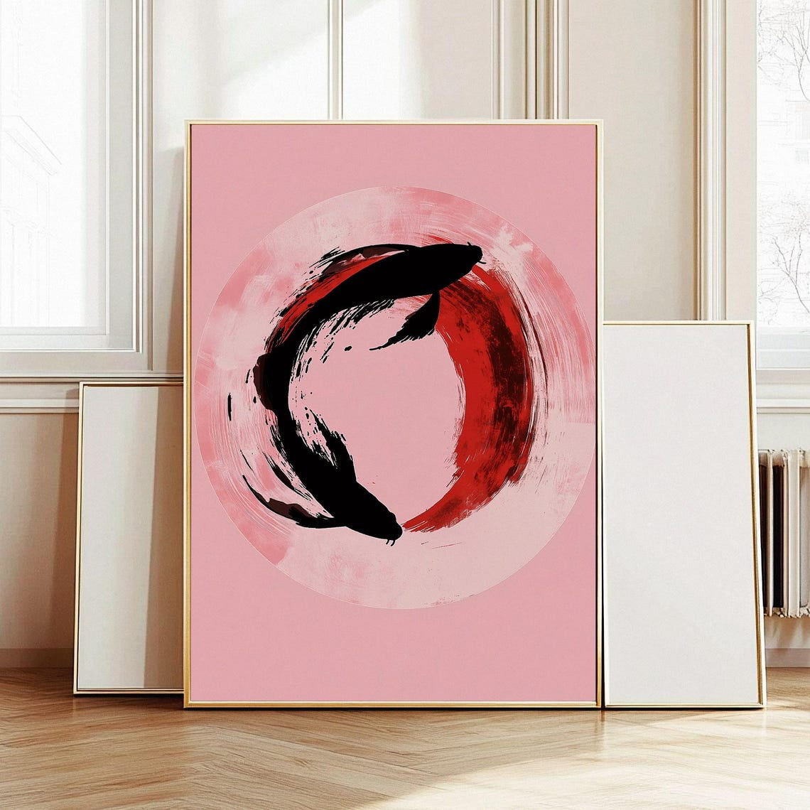 Japanese Style Art, Koi Fish Motive Illustration, Big Circle Abstract ...
