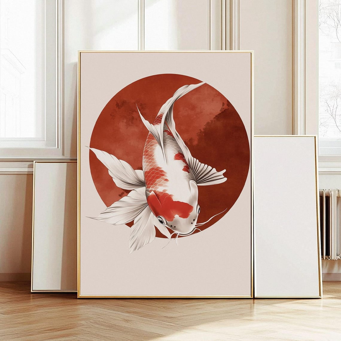 Japanese Style Art Print, Koi Fish Digital Artwork, Red Circle Wall Art ...