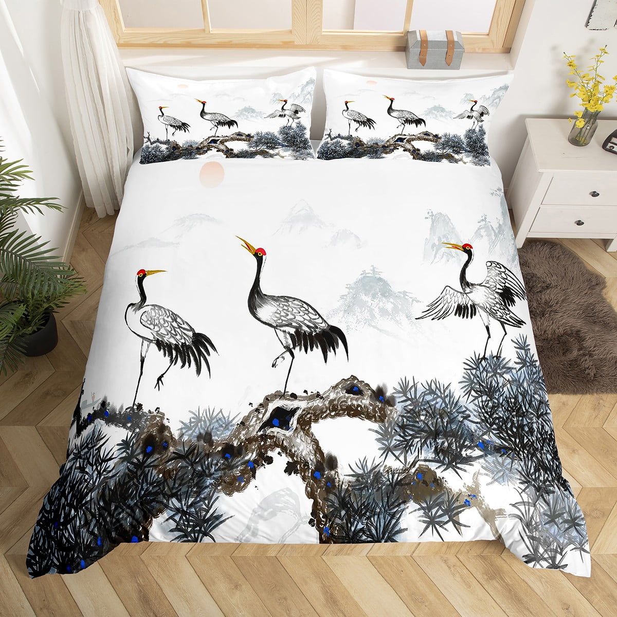 Japanese-Style Bed Set Chic Crane Duvet Cover Full Size, Pine Tree ...