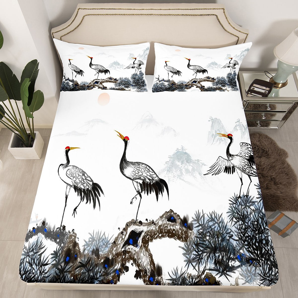 Japanese-Style Bed Sheets Chic Crane Fitted Sheet Queen Size, Pine Tree ...