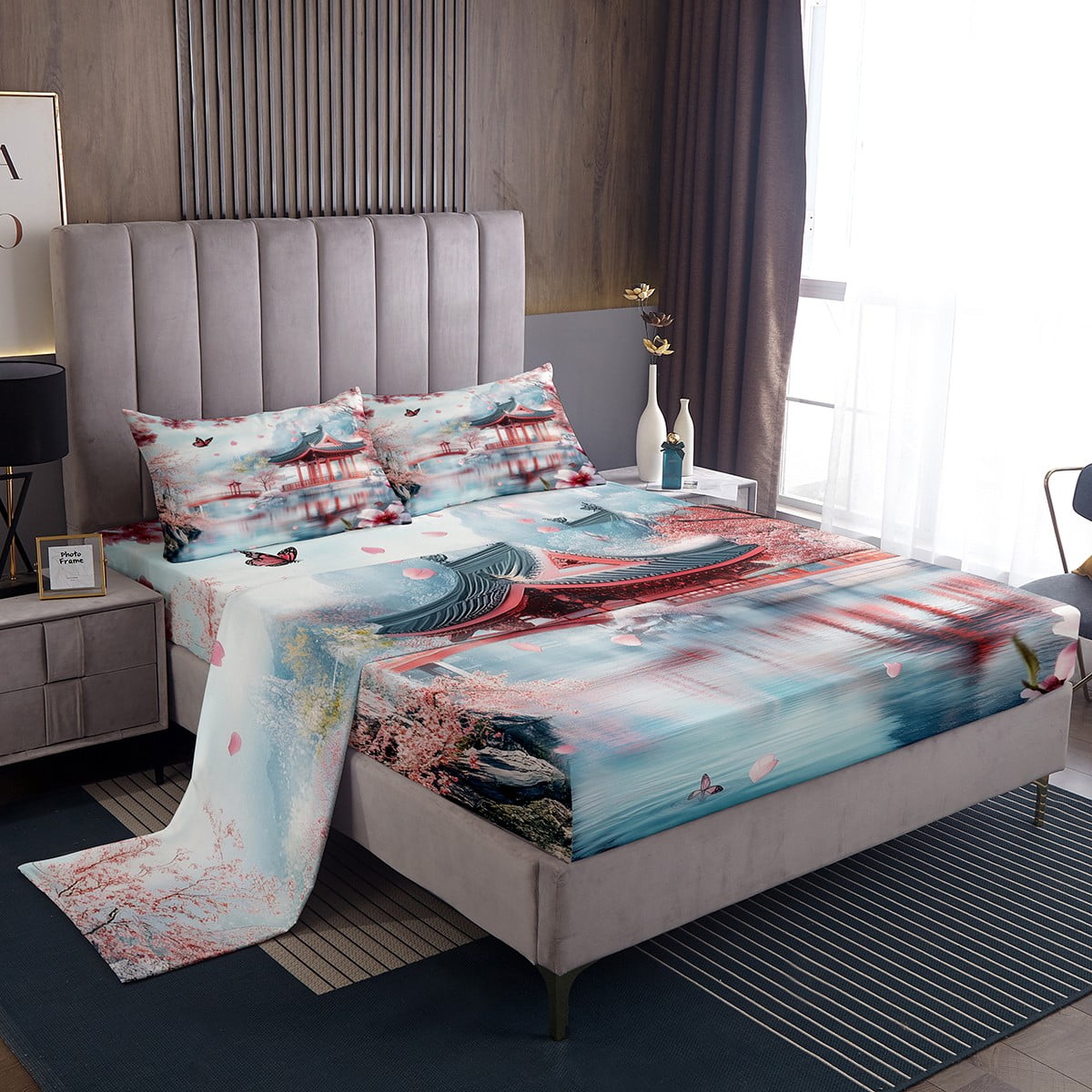 Japanese Style Bed Sheets King Butterfly Cherry Blossom Bedding Sheets ...