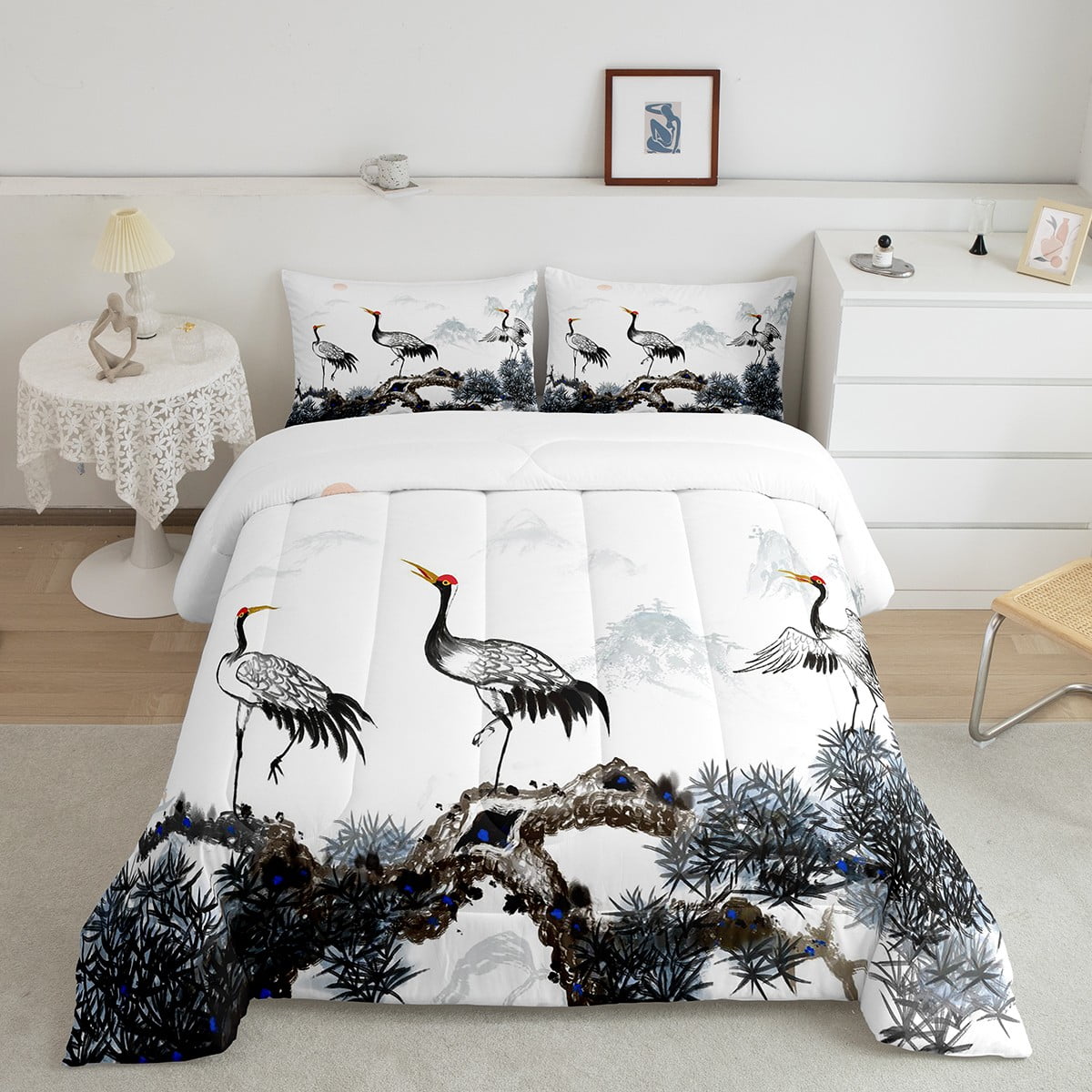 Japanese-Style Bedding Full Chic Crane Comforter Set, Pine Tree Down ...