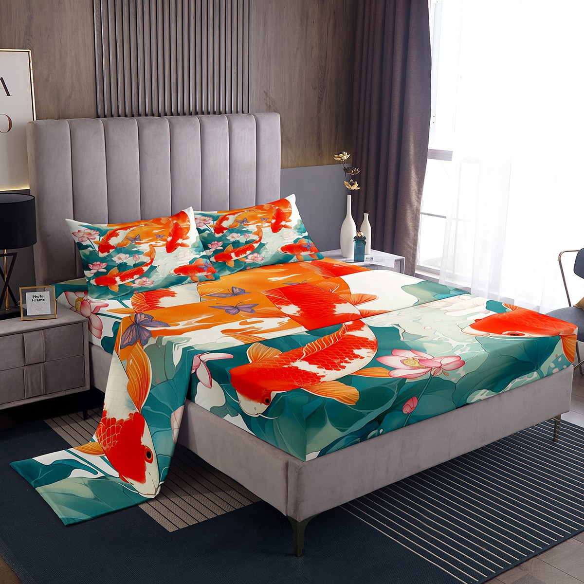 Japanese Style Bedding Queen Size Red White Koi Bed Sheets Set ...