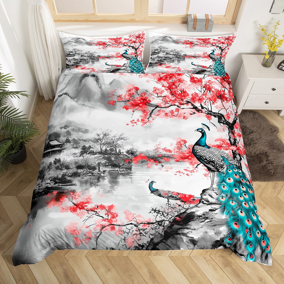 Japanese Style Bedding Set,Cherry Blossom Peacock Duvet Cover Queen,Ink ...