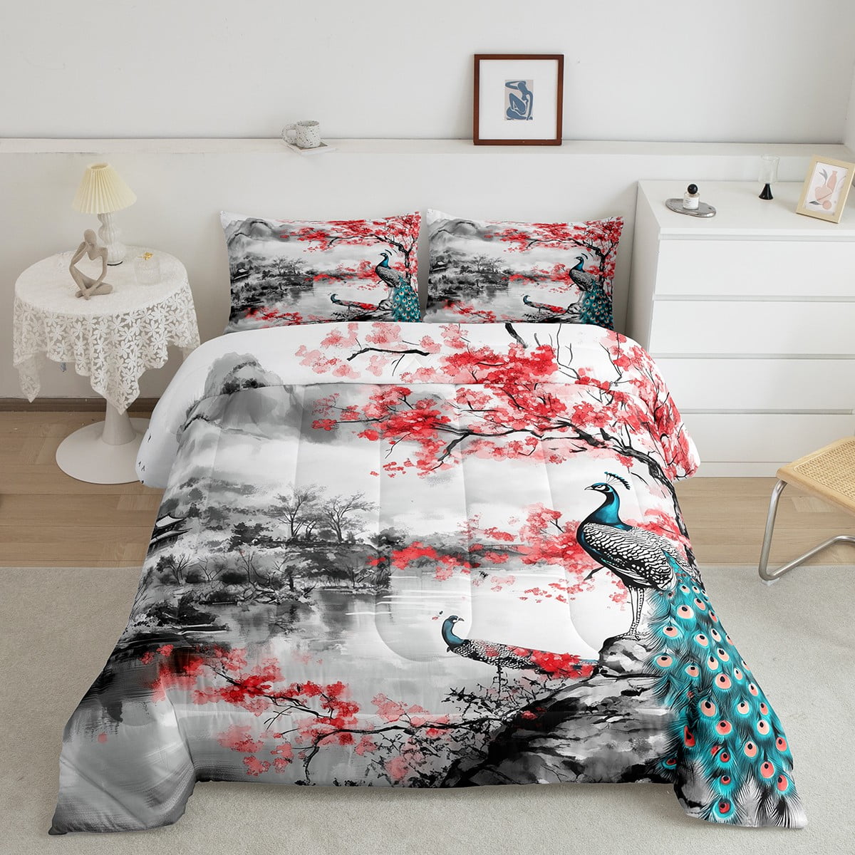Japanese Style Bedding Set Women,Cherry Blossom Peacock Bedding ...