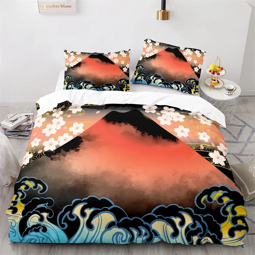 Japanese-Style Bedding Set Ukiyo-e Theme Comforter Cover Pink Cherry ...