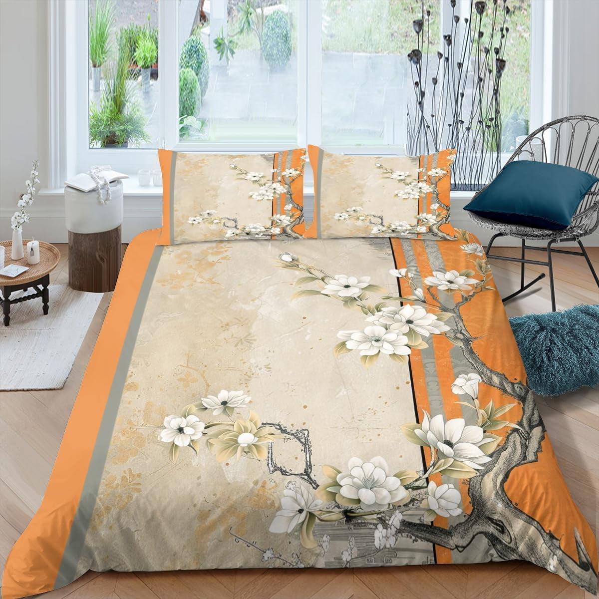 Japanese Style Bedding Sets White Floral Comforter Cover Oriental ...