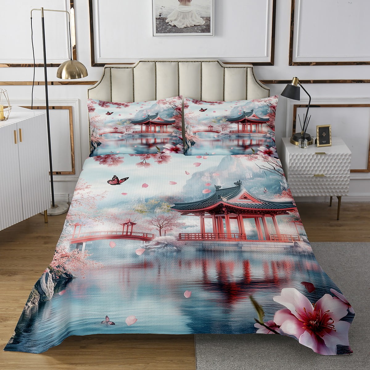 Japanese Style Bedspread Set Twin Butterfly Cherry Blossom Coverlet Set ...