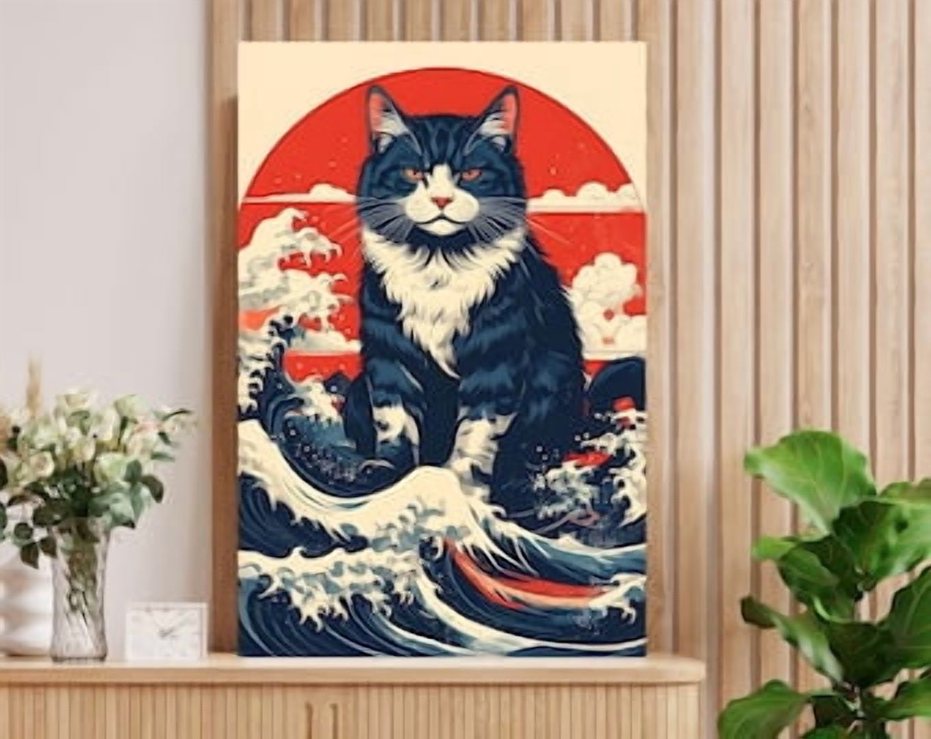 Japanese Style Cat Wave Wall Art, Modern Animal Poster & Poster Decor ...