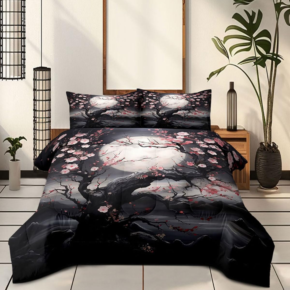 Japanese Style Cherry Blossoms Comforter Set Queen Size Black Floral ...