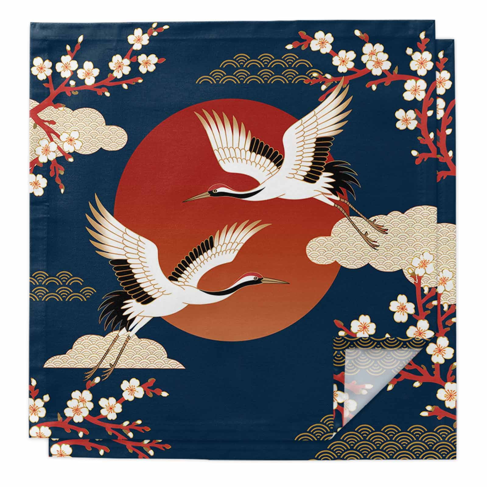 Japanese Style Cloth Napkins, Modern Cranes Cherry Flower Wave Navy ...