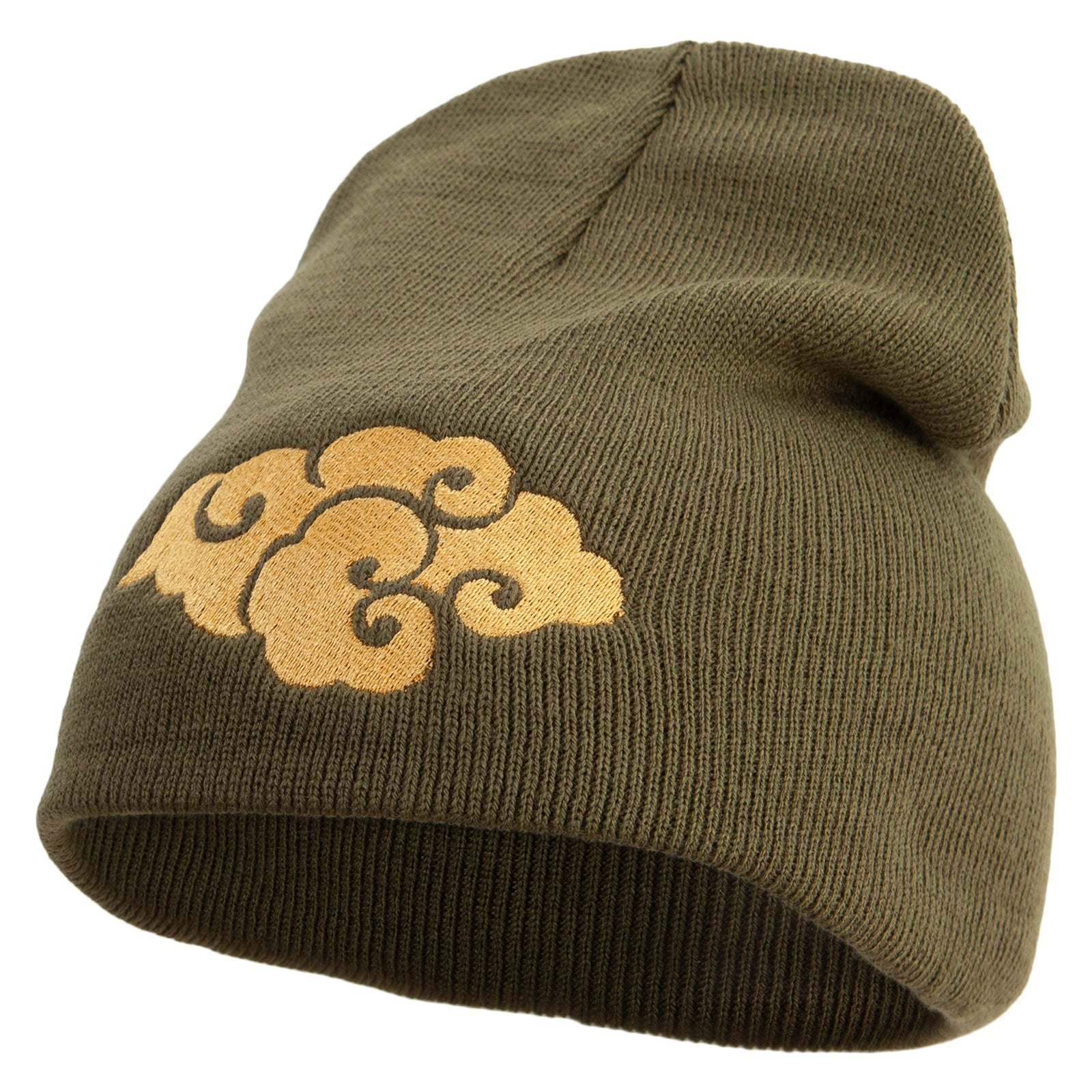 Japanese Style Cloud Embroidered 8 inch Acrylic Short beanie - Olive ...