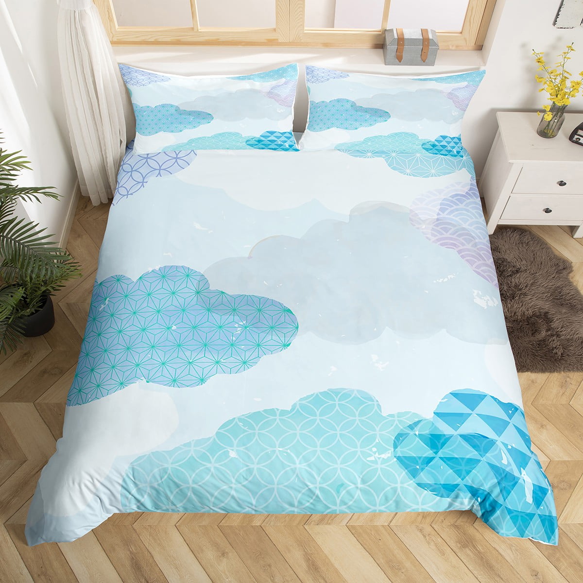 Japanese Style Comforter Cover Watercolor Clouds Print Duvet Cover Full, Boys Girls Cartoon ...