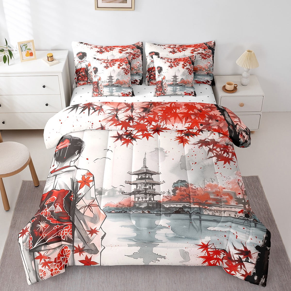 Japanese Style Comforter Set 7-Piece Teens Geisha Red Floral King ...