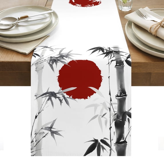 Japanese Style Cotton Linen Table Runner Black Plant Leaf Red Sun Ink ...