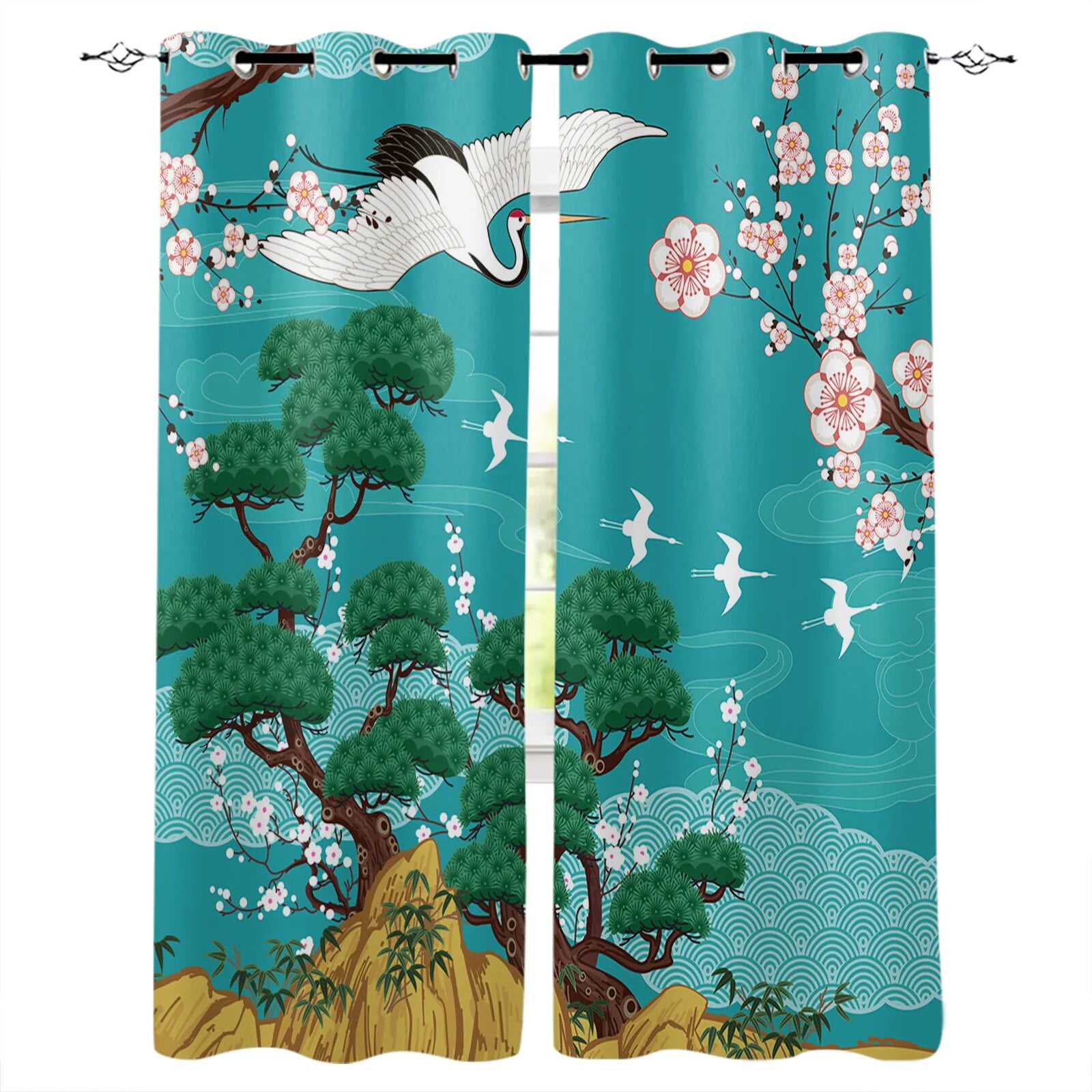Japanese Style Crane Cherry Blossom Vintage Window Curtains For Living