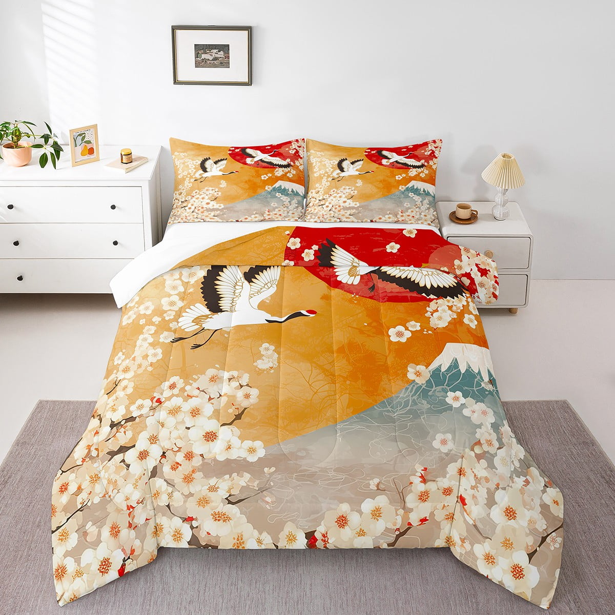 Japanese Style Crane Queen Comforter Set,Cherry Bedding Set,Ukiyoe ...