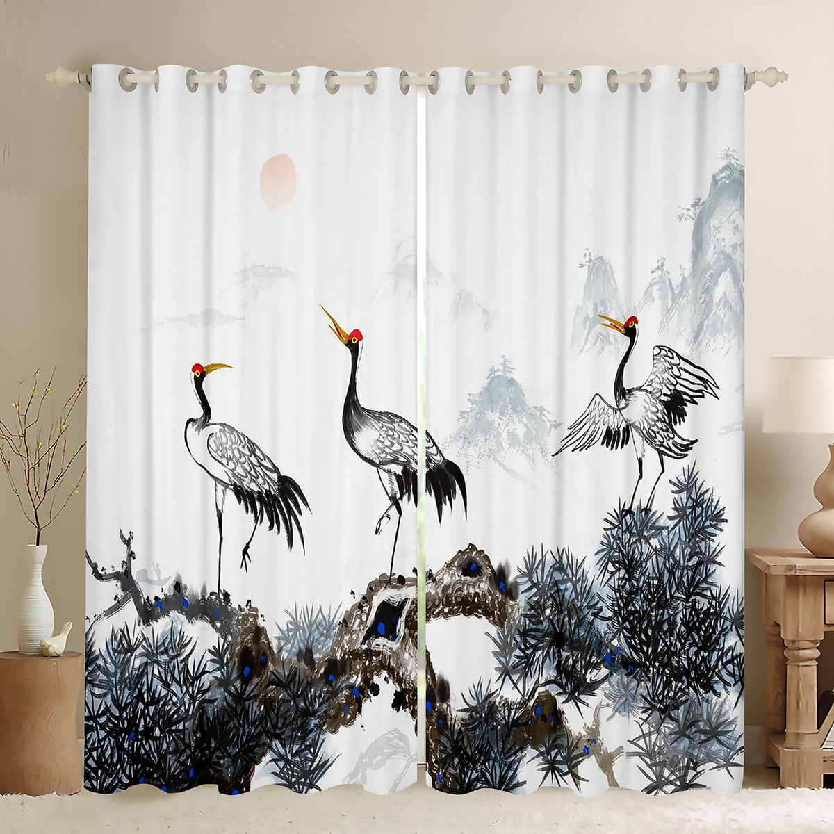 Japanese-Style Curtains Chic Crane Blackout Curtains, Pine Tree ...
