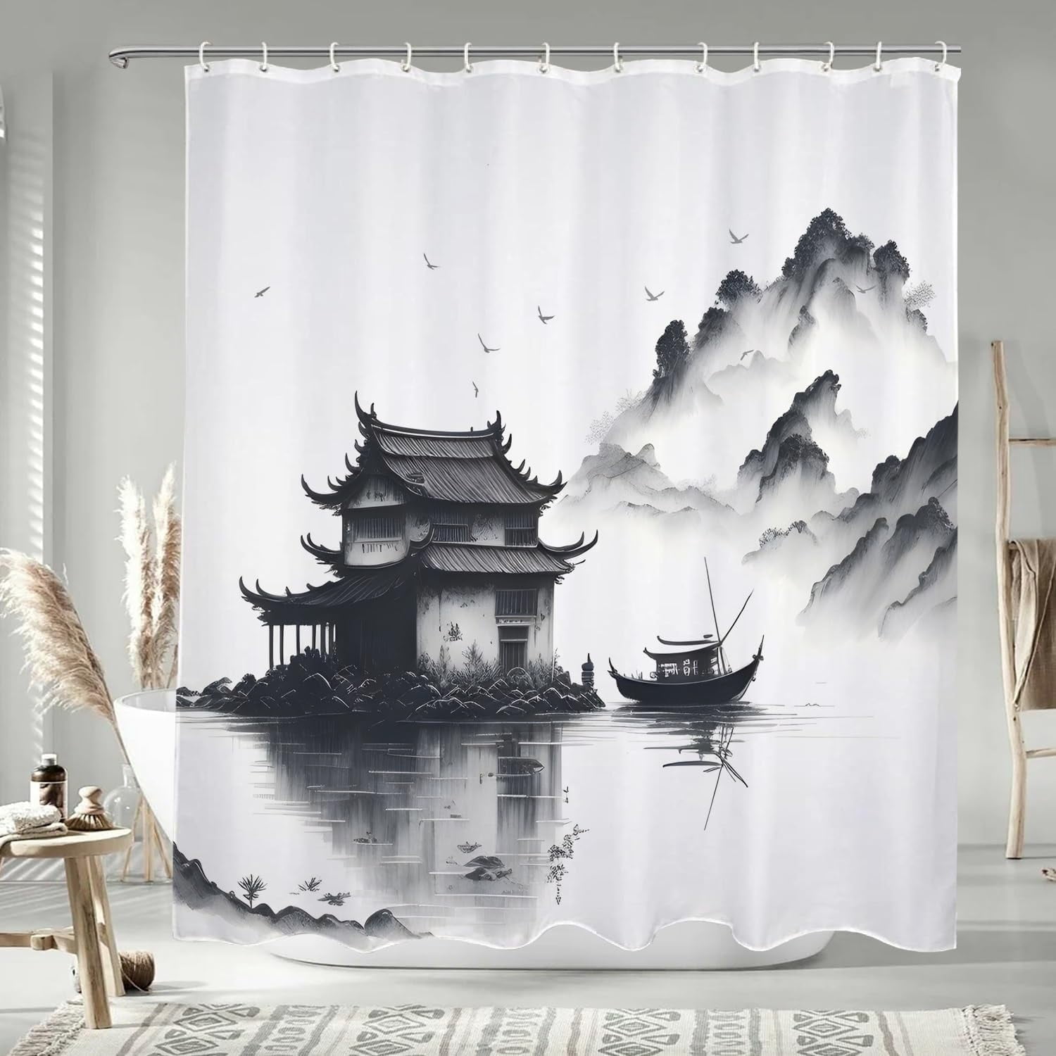 Japanese Style Fabric Shower Curtains Asian Ink Painting Scenic ...