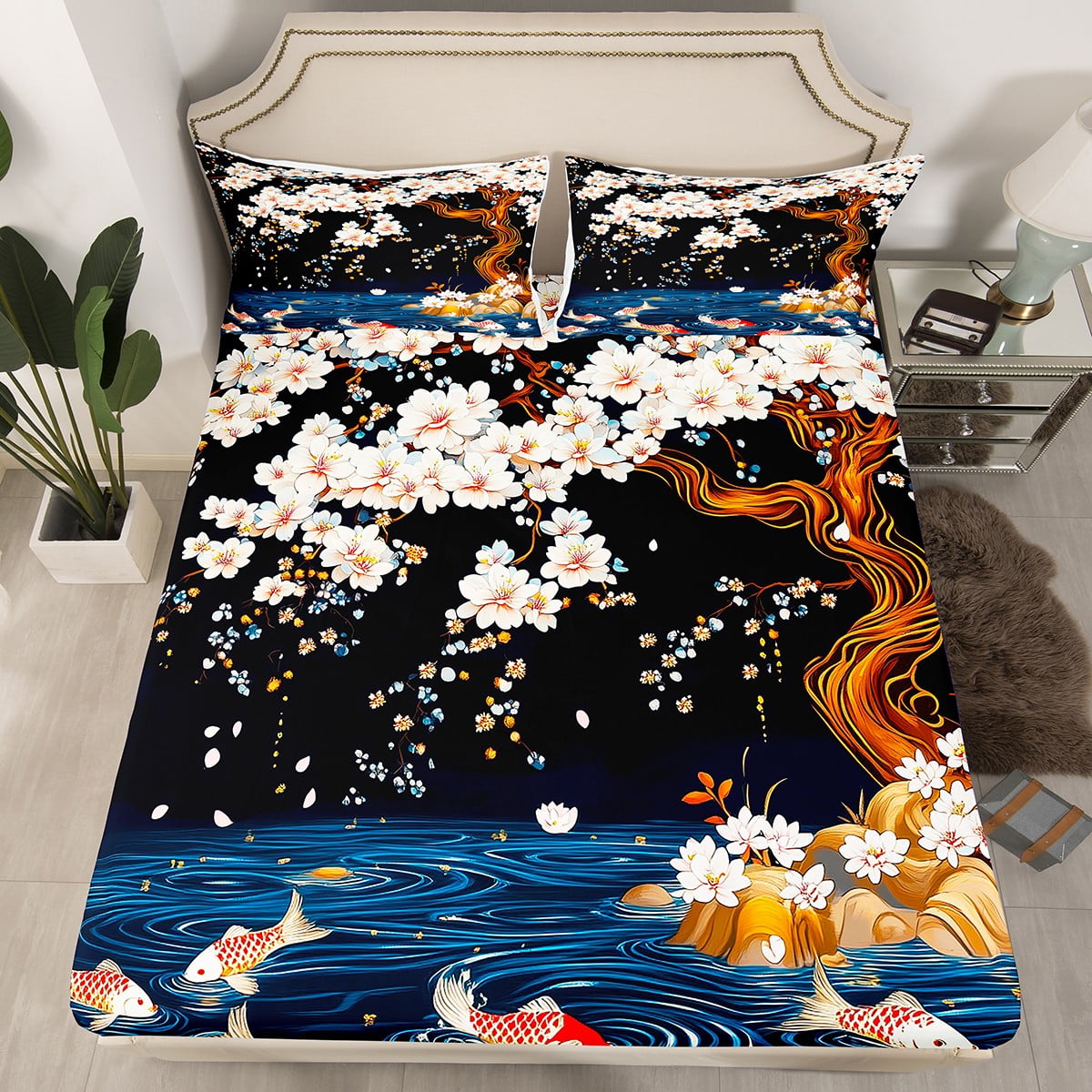 Japanese Style Fitted Sheet Twin Size,Cherry Blossoms and Koi Fish ...