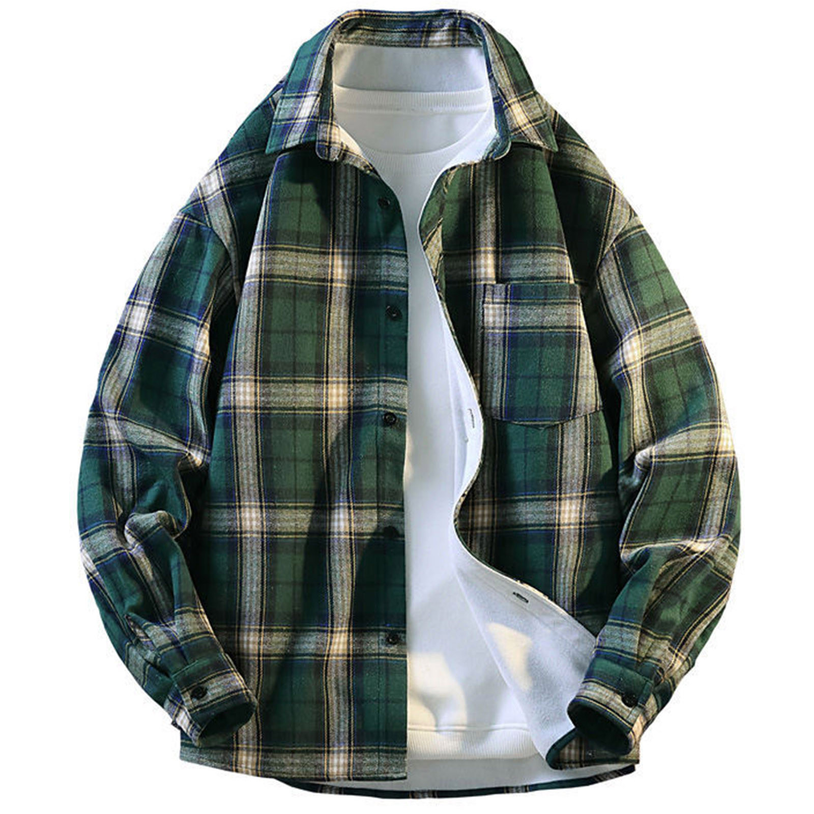 Japanese Style Flannel Shirt Long Sleeve Casual Open Front Plaid Shirt ...