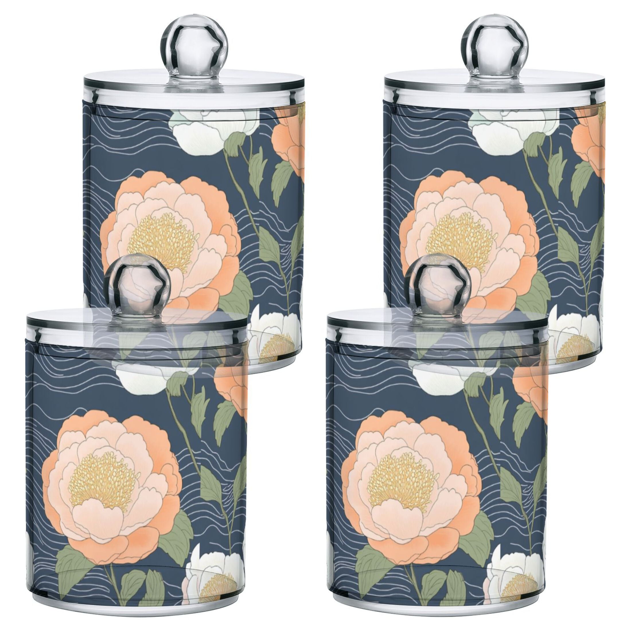 Japanese Style Flowers Pattern Bathroom Canisters Set of 4 Translucent ...