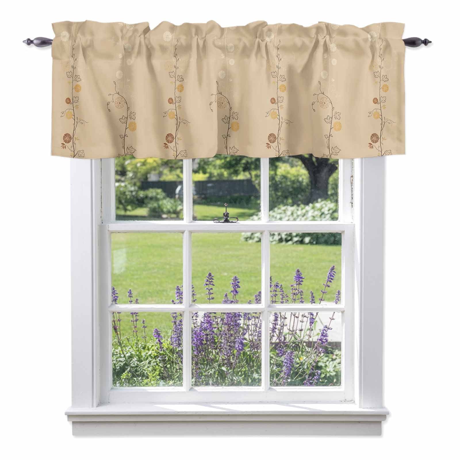 Japanese Style Flowers Valances for Windows Vintage Yellow Flower Khaki ...