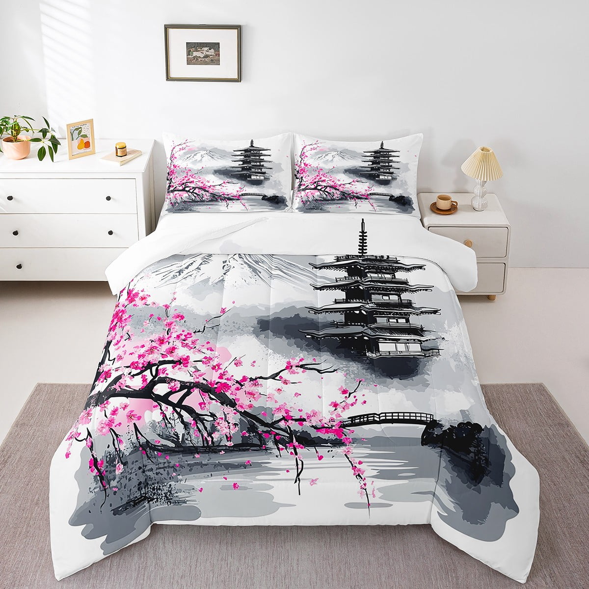 Japanese Style Full Size Comforter Set,Mount Fuji Cherry Blossom Bed ...