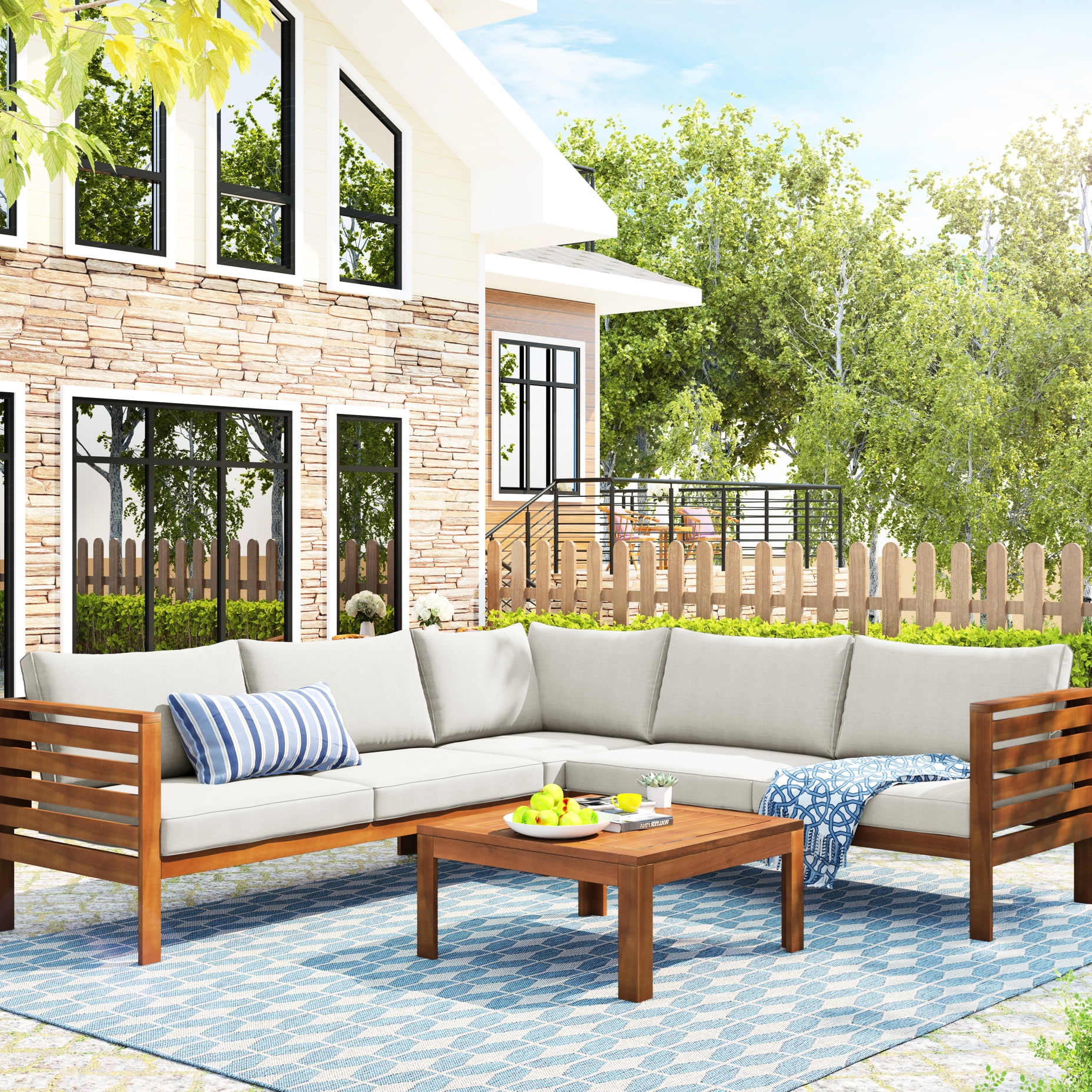 Japanese Style Garden Furniture - Wood Structure Beige Cushions Outdoor ...