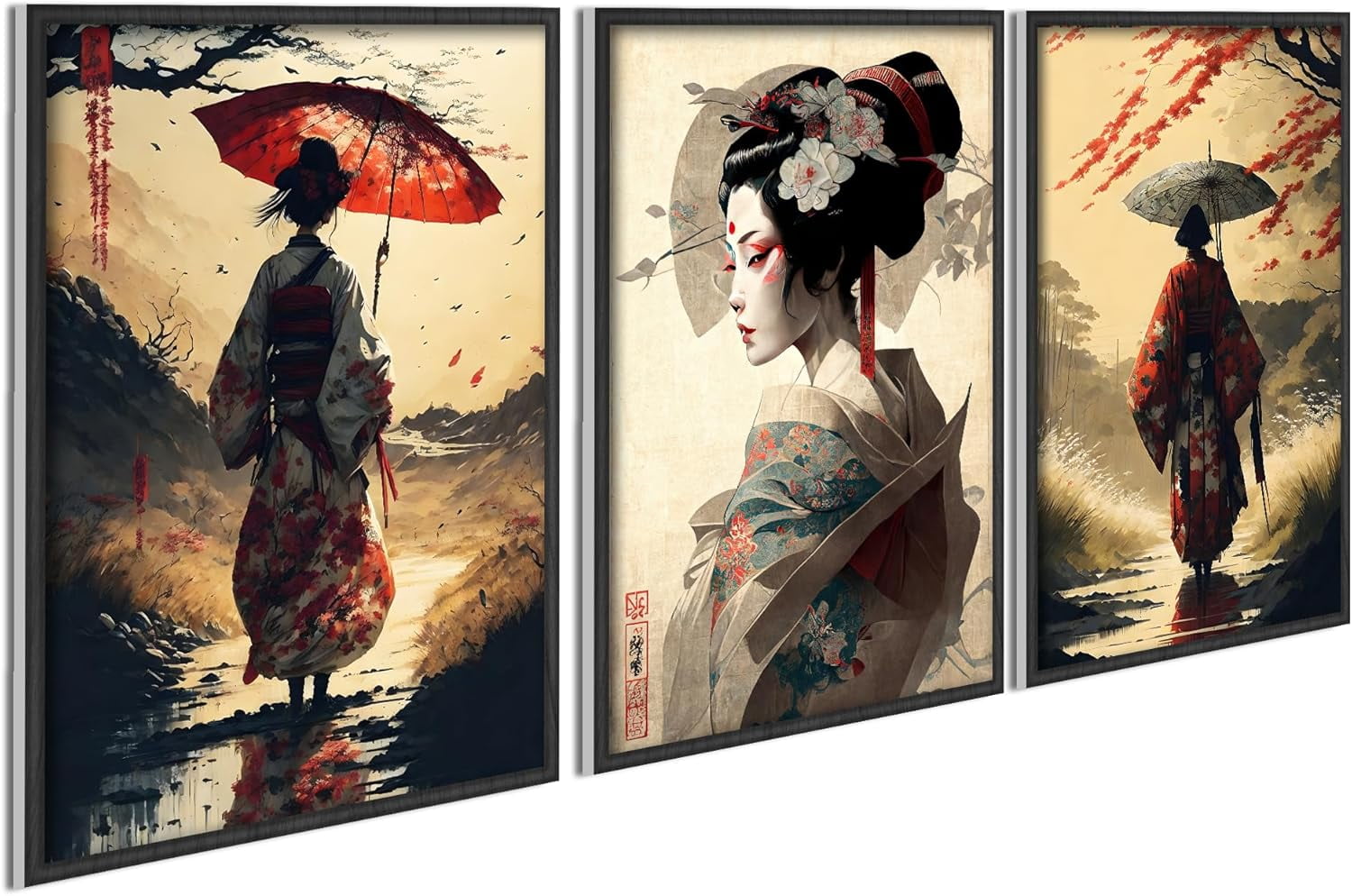 Japanese Style Geisha Wall Decor Set Unframed 3 Prints 13" x 17 ...
