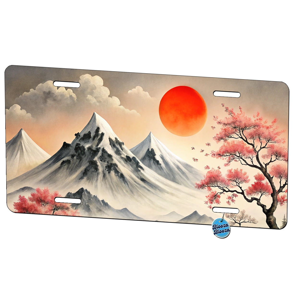 Japanese Style Ink Painting Landscape Mountains Under Red Sun Metal ...
