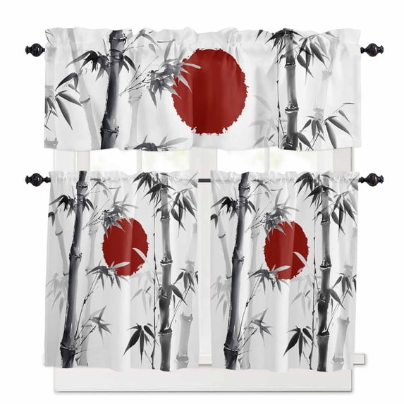Japanese Style Kitchen Curtains Valances and Tiers Black Plant Leaf Red ...
