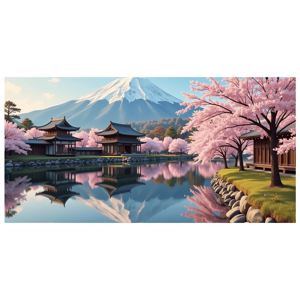 Japanese Style Landscape Backdrop with Mount Fuji Cherry Blossoms and ...