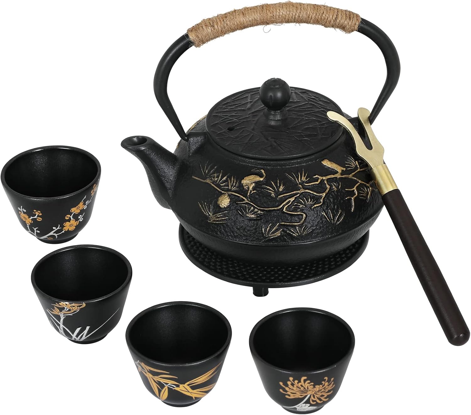 Japanese Style Longevity Crane Cast Iron Teapot Set, Tetsubin Tea ...