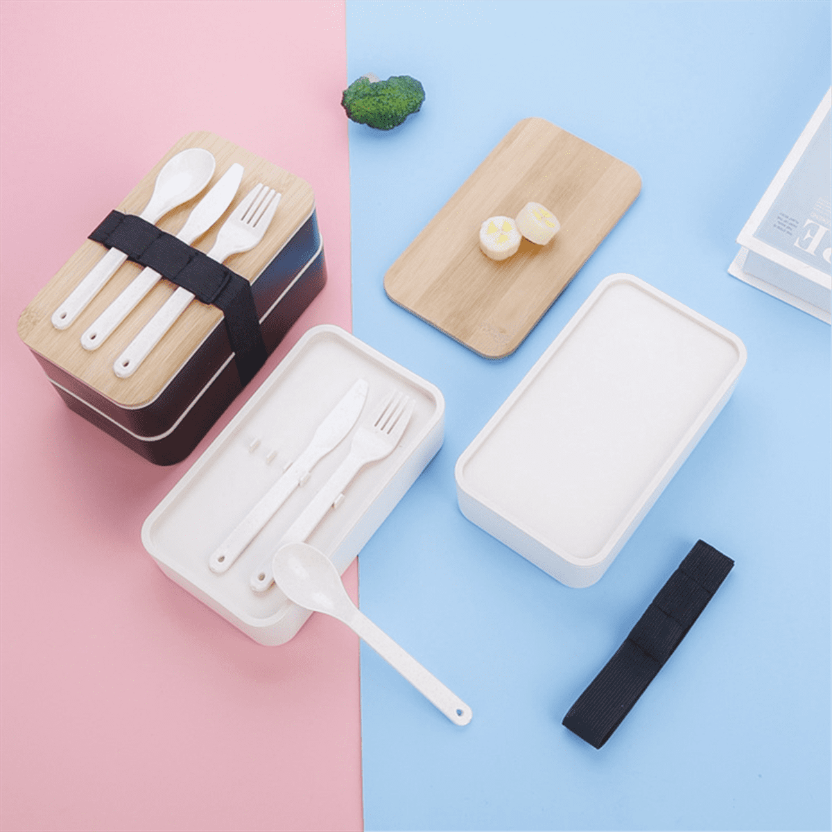 Japanese Style Lunch Box Simple Double Layer Lunch Box with Knife, Fork ...
