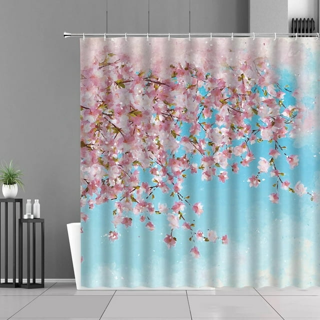 Japanese Style Mount Fuji Pink Cherry Blossom Petal Shower Curtain ...
