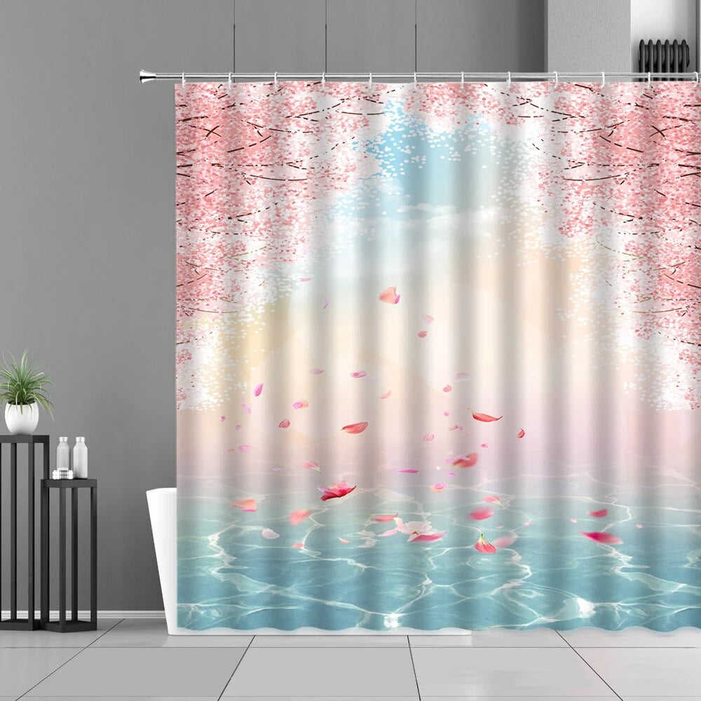 Japanese Style Mount Fuji Pink Cherry Blossom Petal Shower Curtain ...