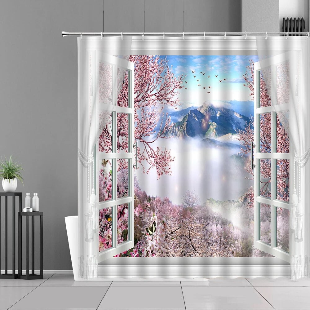 Japanese Style Mount Fuji Pink Cherry Blossom Petal Shower Curtain ...