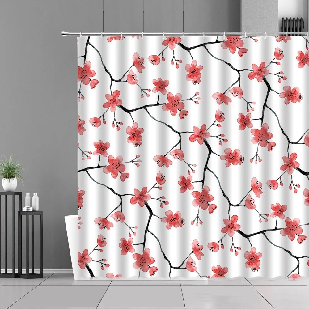 Japanese Style Mount Fuji Pink Cherry Blossom Petal Shower Curtain ...