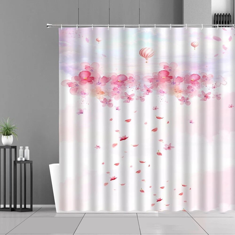 Japanese Style Mount Fuji Pink Cherry Blossom Petal Shower Curtain ...